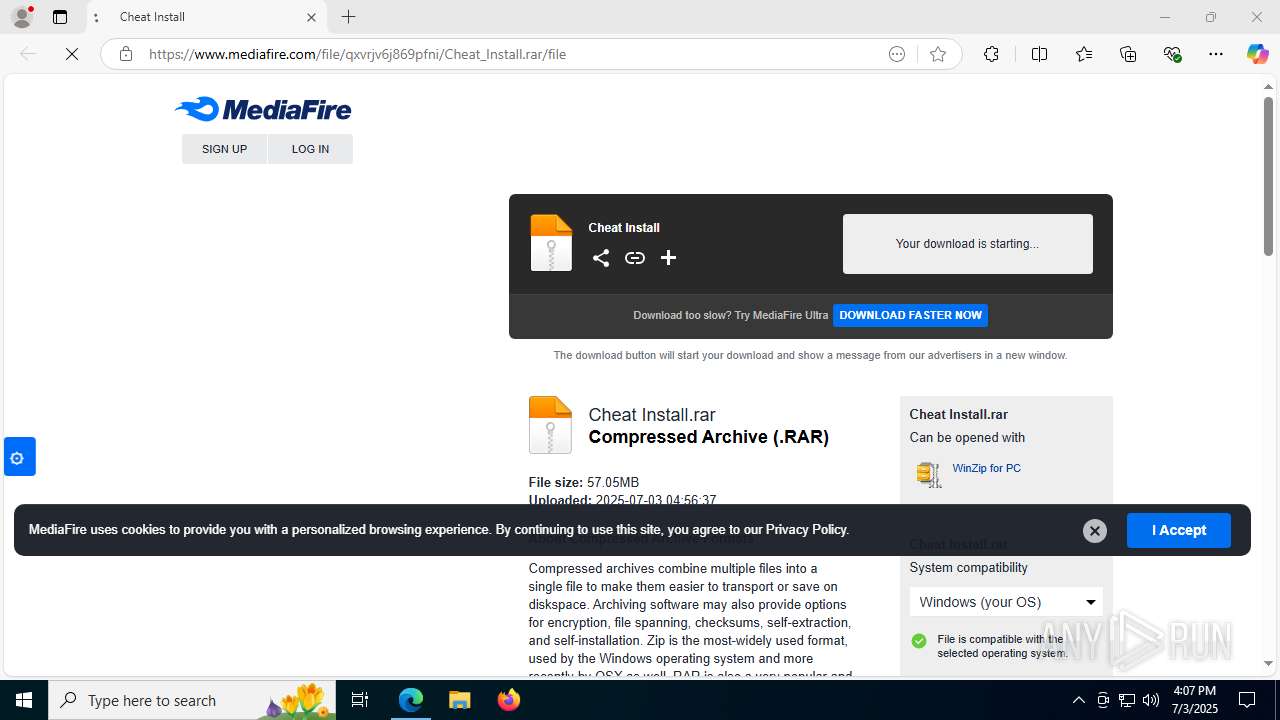 Analysis https://www.mediafire.com/file/qxvrjv6j869pfni/Cheat_Install.rar/file Malicious ...