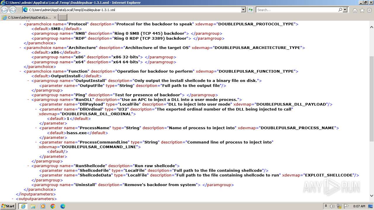 Malware analysis Doublepulsar-1.3.1.xml No threats detected | ANY.RUN - Malware Sandbox Online