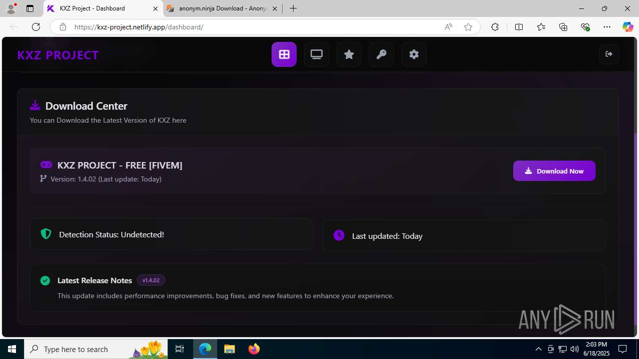 Malware analysis https://kxz-project.netlify.app/dashboard Malicious activity | ANY.RUN ...