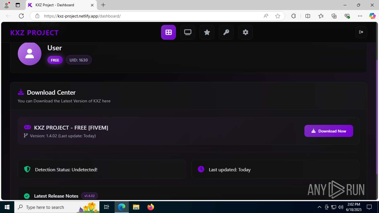 Malware analysis https://kxz-project.netlify.app/dashboard Malicious activity | ANY.RUN ...