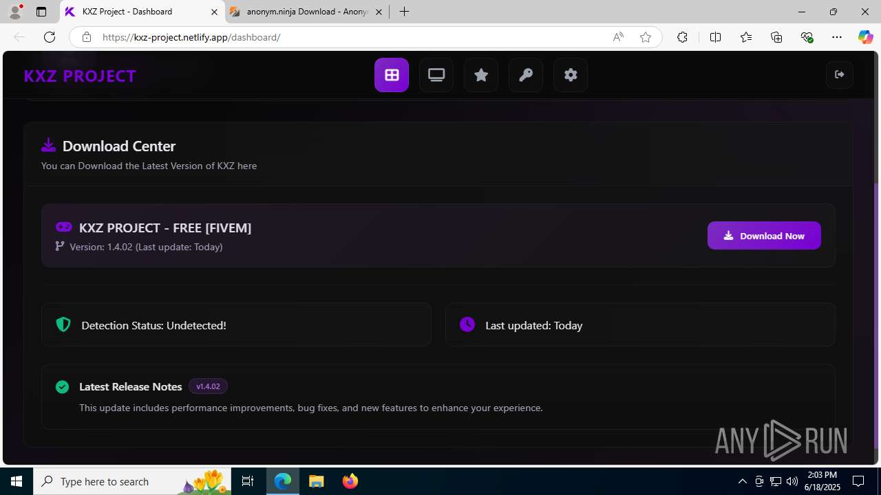 Malware analysis https://kxz-project.netlify.app/dashboard Malicious activity | ANY.RUN ...