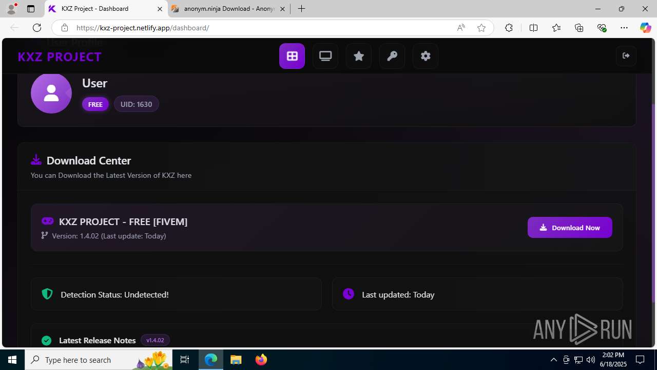Malware analysis https://kxz-project.netlify.app/dashboard Malicious activity | ANY.RUN ...