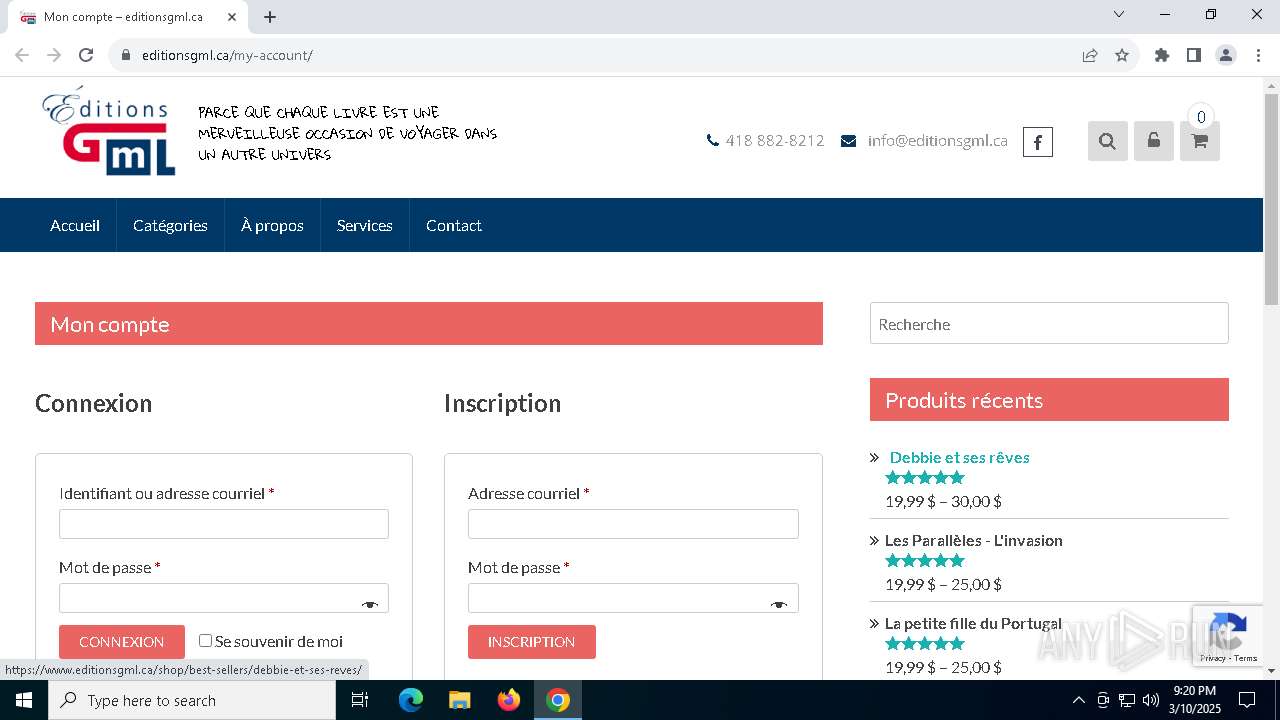 Analysis https://www.editionsgml.ca/my-account/ No threats detected - Interactive analysis ANY.RUN