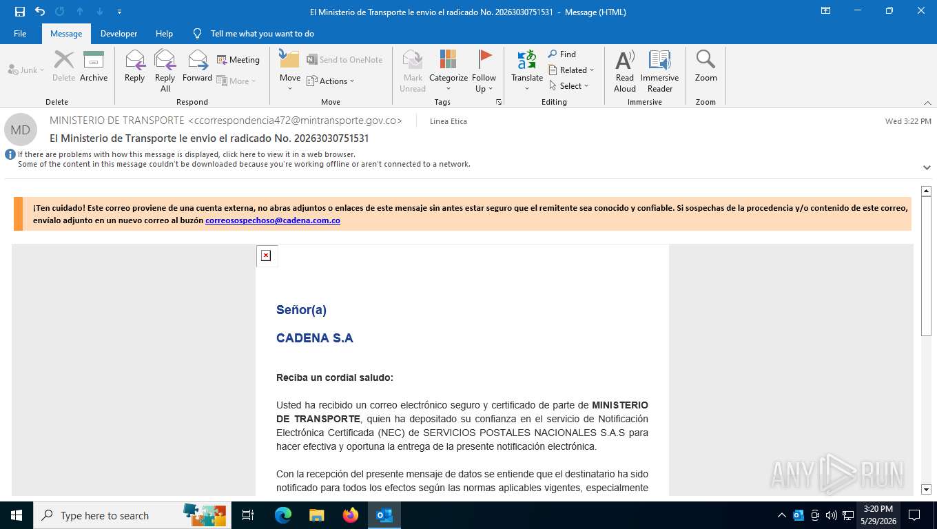 Malware analysis El Ministerio de Transporte le envio el radicado No ...