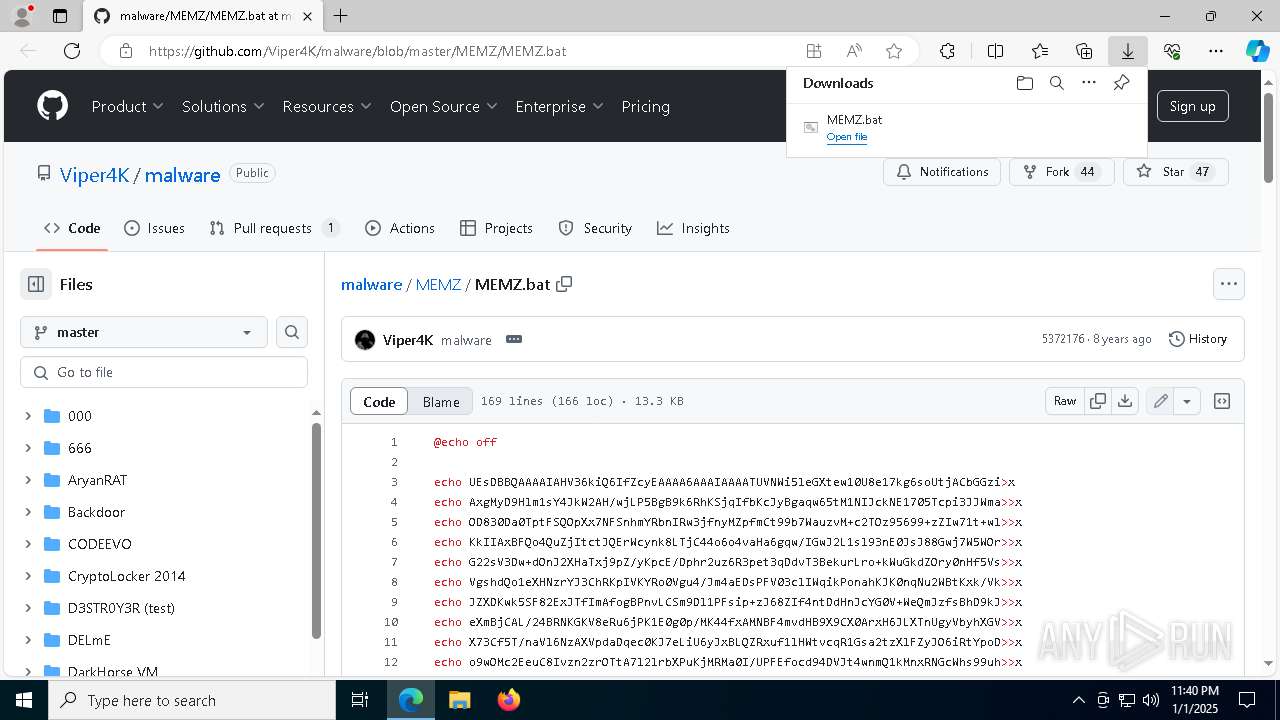 Malware analysis https://github.com/Viper4K/malware/blob/master/MEMZ/MEMZ.bat Malicious activity ...