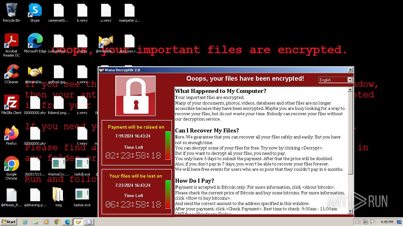 Analysis WannaCry.exe (MD5: 84C82835A5D21BBCF75A61706D8AB549) Malicious activity - Interactive ...
