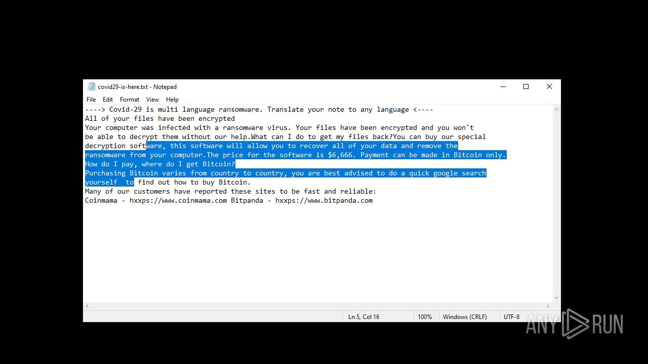 Analysis TrojanRansomCovid29.exe (MD5: 9F0563F2FAAF6B9A0F7B3CF058AC80B6 ...
