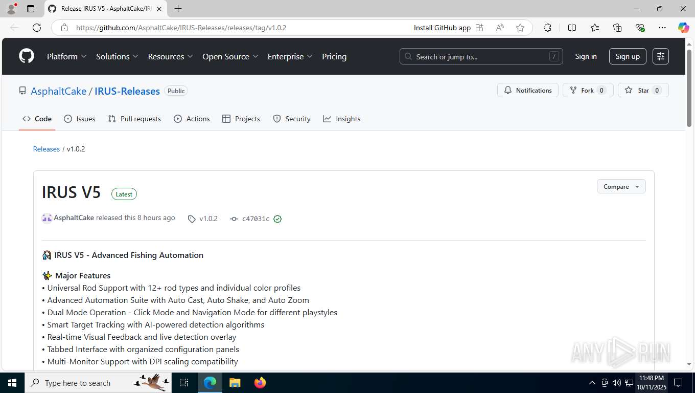 Malware analysis https://github.com/AsphaltCake/IRUS-Releases/releases/tag/v1.0.2 Malicious ...