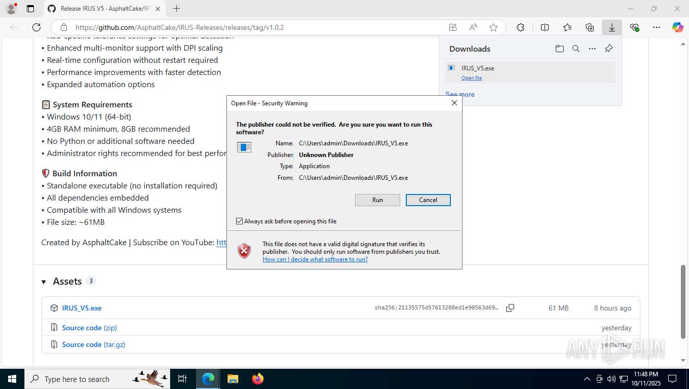 Malware analysis https://github.com/AsphaltCake/IRUS-Releases/releases/tag/v1.0.2 Malicious ...