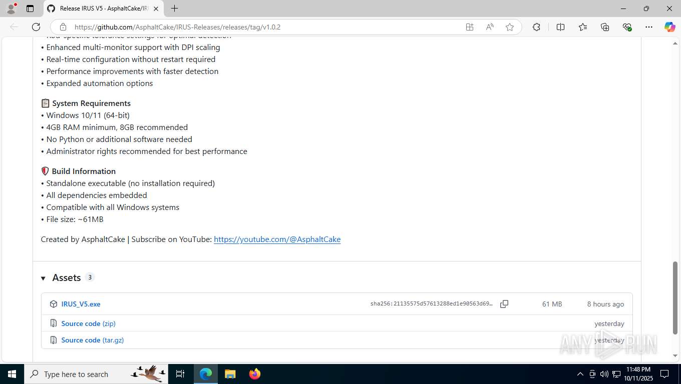 Malware analysis https://github.com/AsphaltCake/IRUS-Releases/releases/tag/v1.0.2 Malicious ...