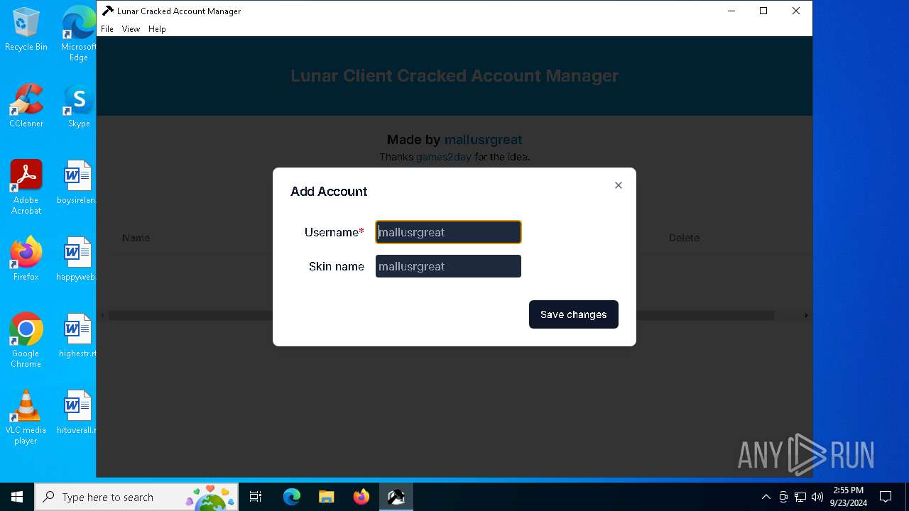Malware analysis https://www.mediafire.com/file/ntl4qggaw1i0fje/LunarCrackedAccountManager_Setup ...