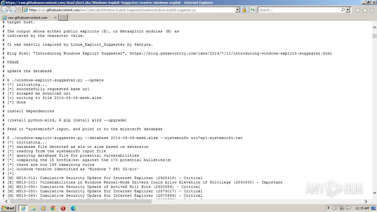 Malware analysis https://raw.githubusercontent.com/AonCyberLabs/Windows-Exploit-Suggester/master ...