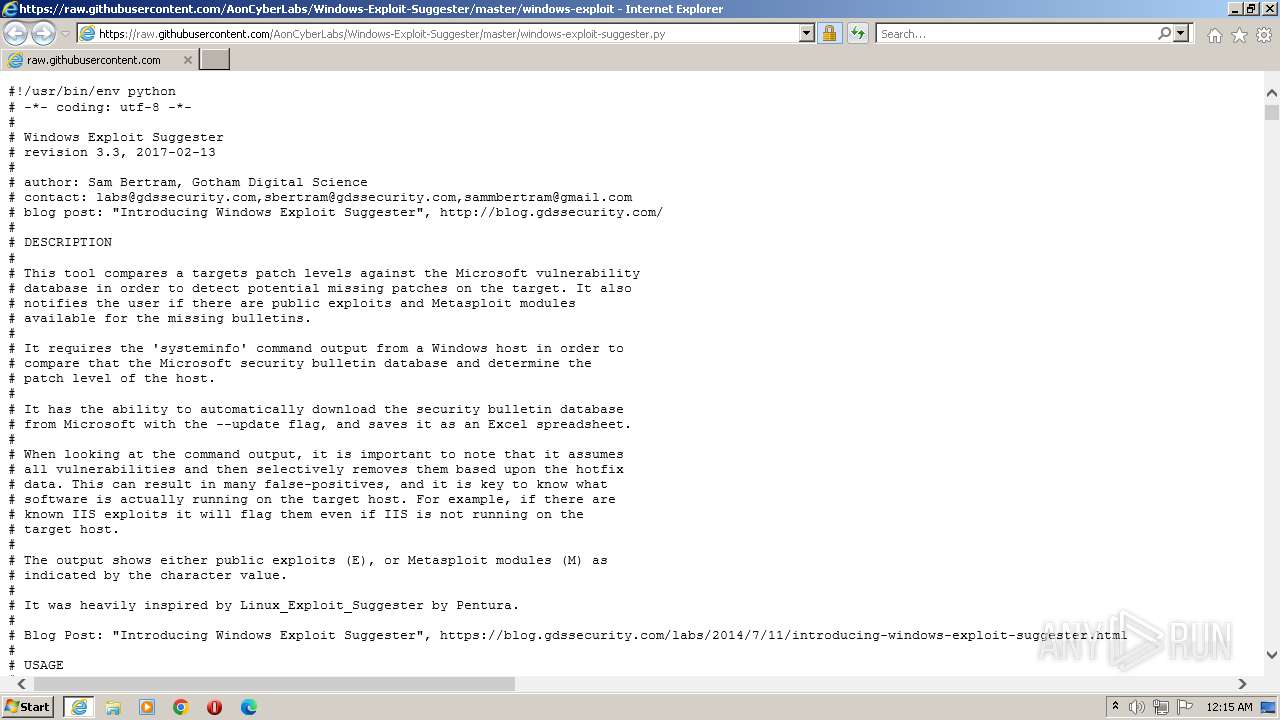 Malware analysis https://raw.githubusercontent.com/AonCyberLabs/Windows-Exploit-Suggester/master ...