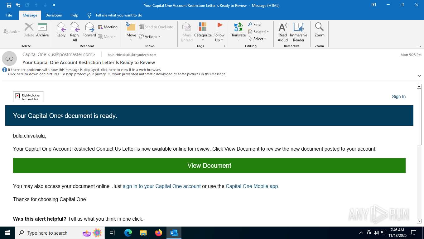 Malware analysis Your Capital One Account Restriction Letter Is Ready to Review (13.1 KB).msg No ...