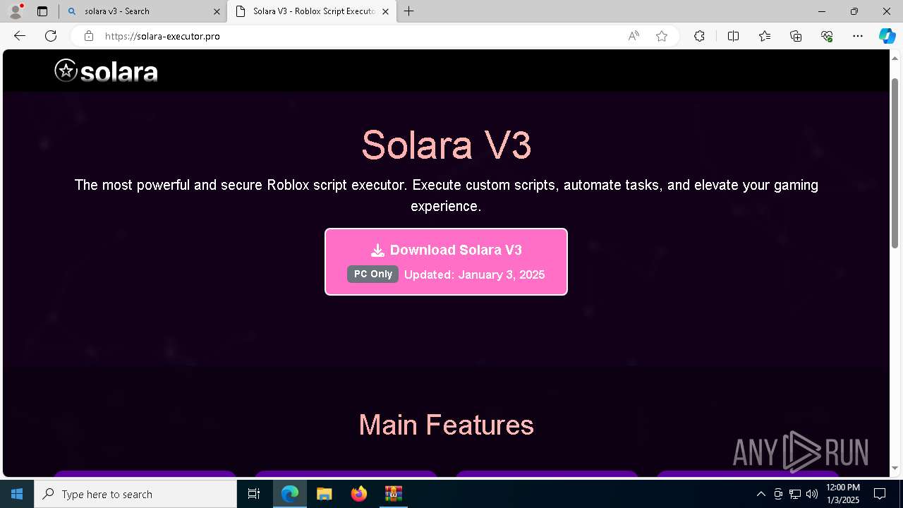 Analysis https://github.com/dejon32simonisaev/Solara-V3/releases Malicious activity ...