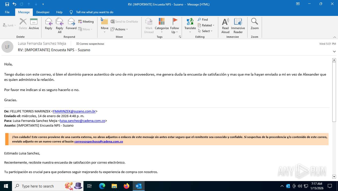 Malware analysis RV IMPORTANTE Encuesta NPS - Suzano.msg No threats ...