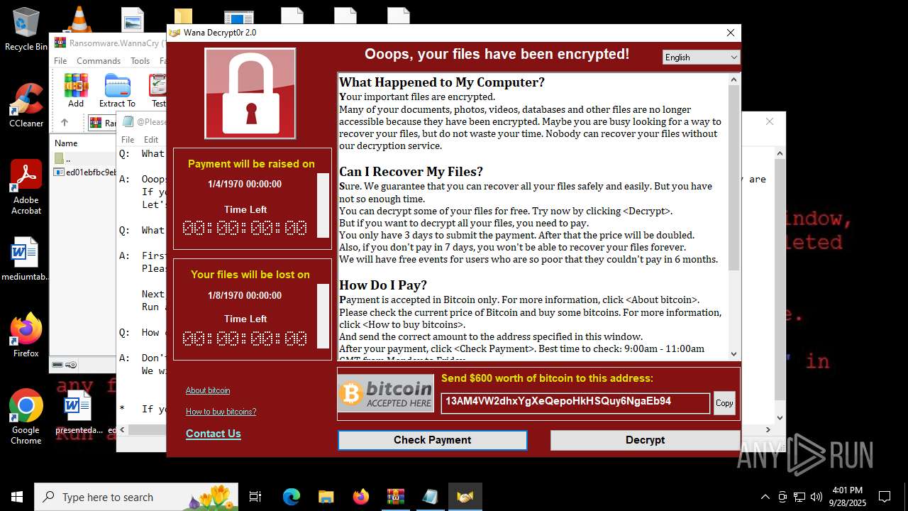 Analysis Ransomware.WannaCry (1).zip (MD5: EFE76BF09DABA2C594D2BC173D9B5CF0) Malicious activity ...