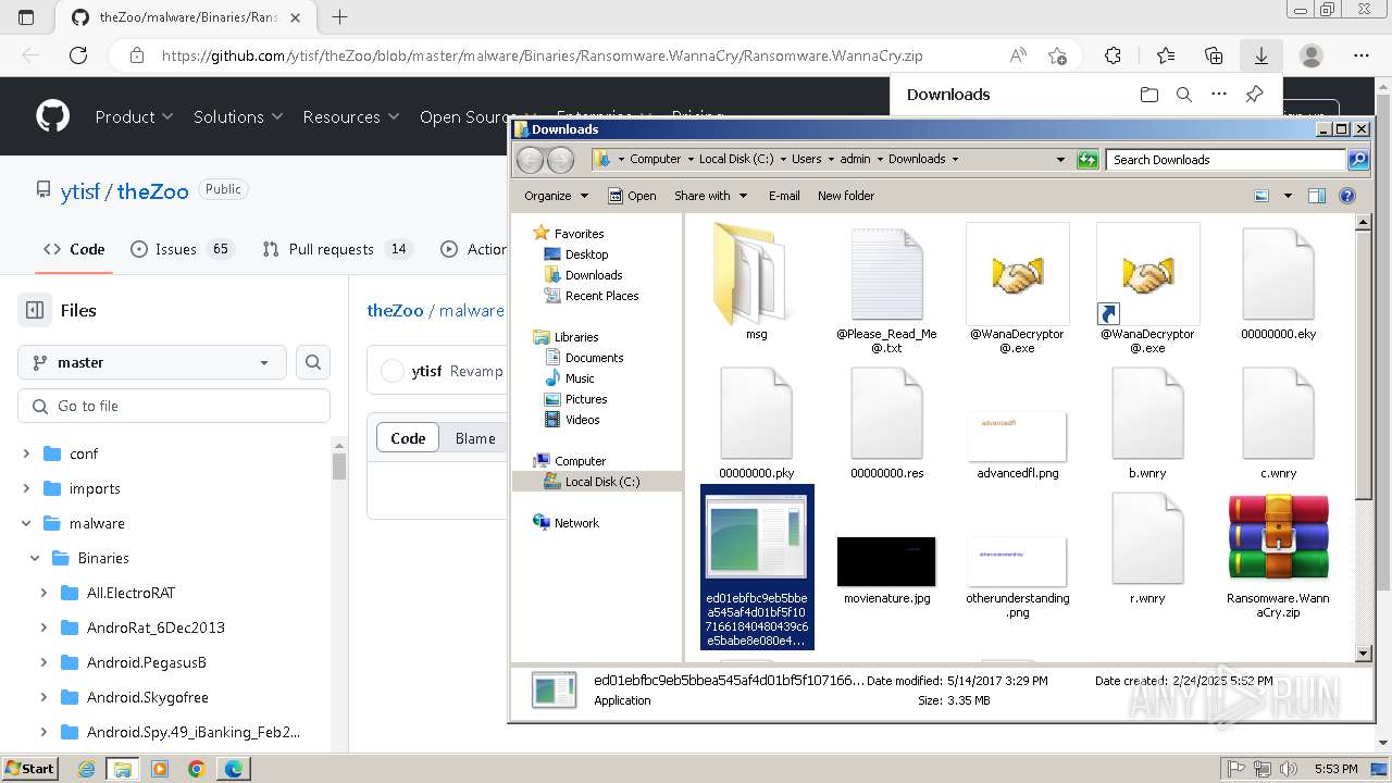 Analysis https://github.com/ytisf/theZoo/blob/master/malware/Binaries/Ransomware.WannaCry ...