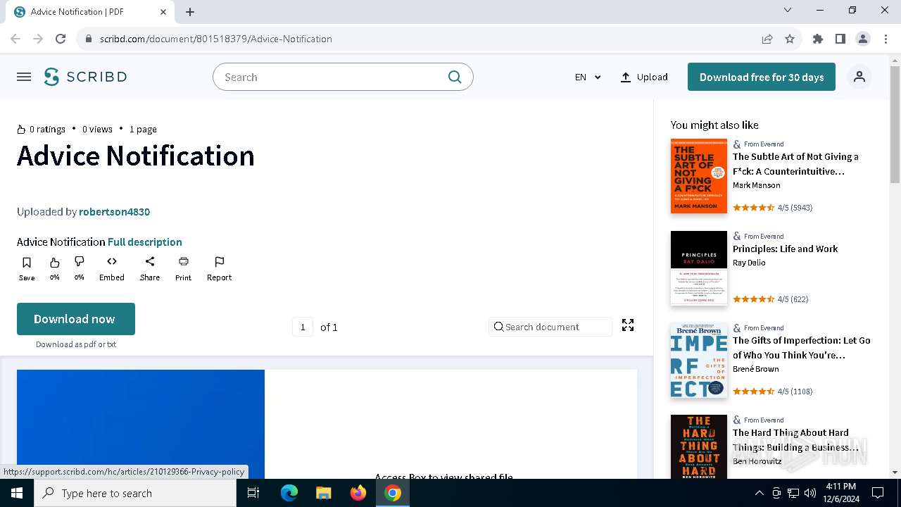 Analysis https://de.scribd.com/document/801518379/Advice-Notification Malicious activity ...