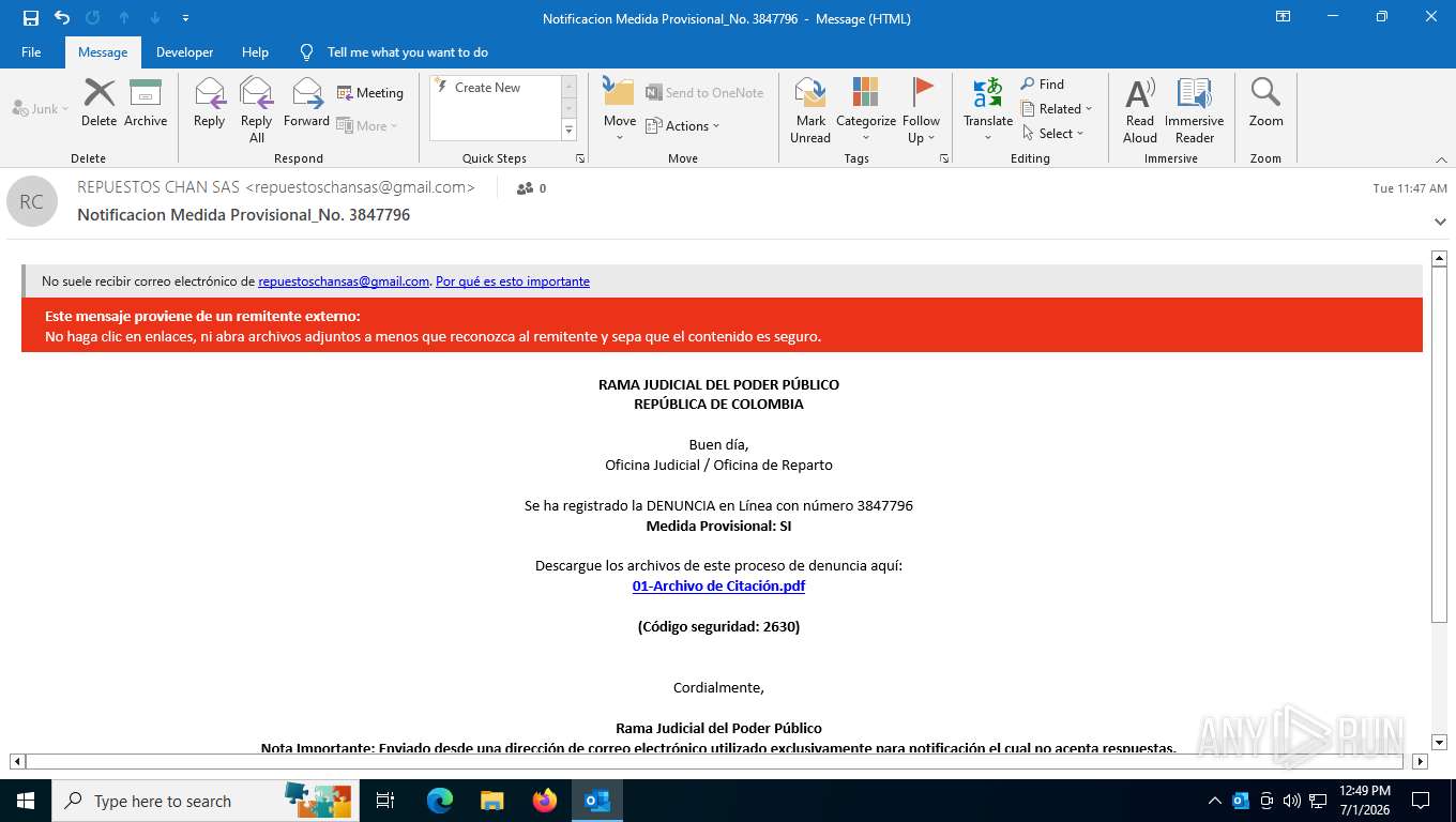 Malware analysis Notificacion_Medida_Provisional_No._3847796.eml ...