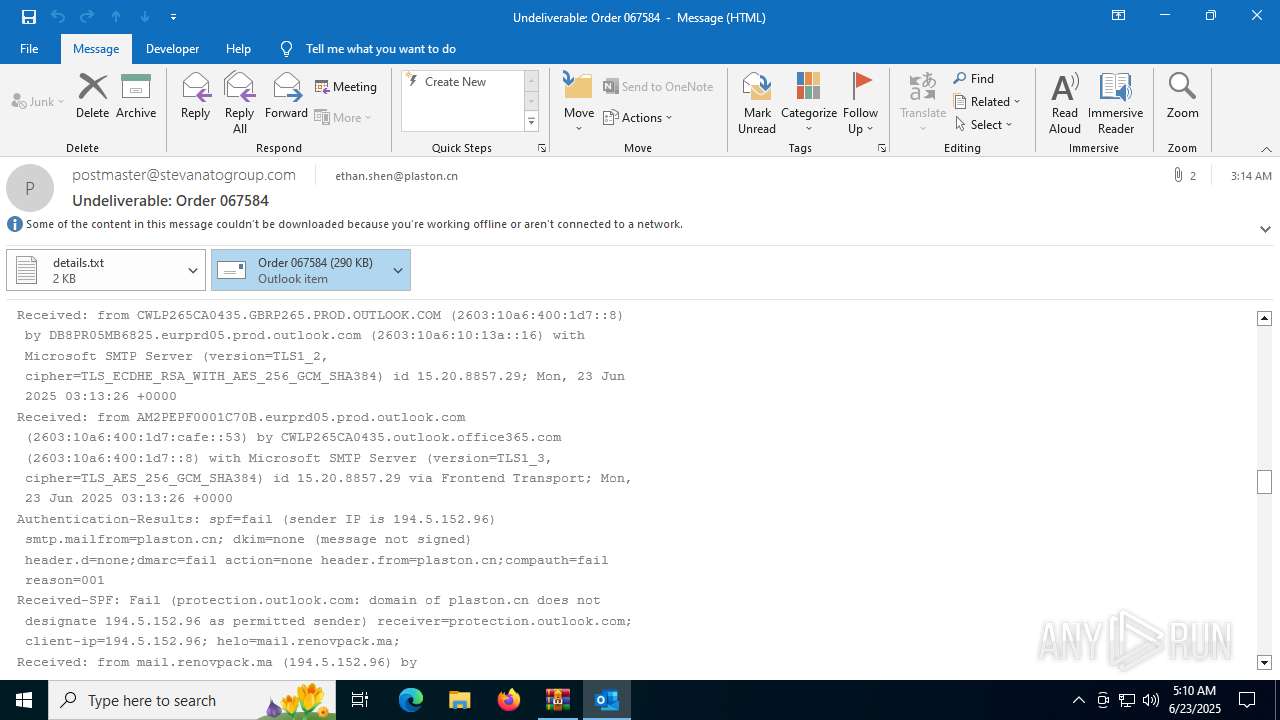 Analysis QuarantineMessage.zip (MD5: 0994AC2AD020DA36E961F70A651D3FB9 ...