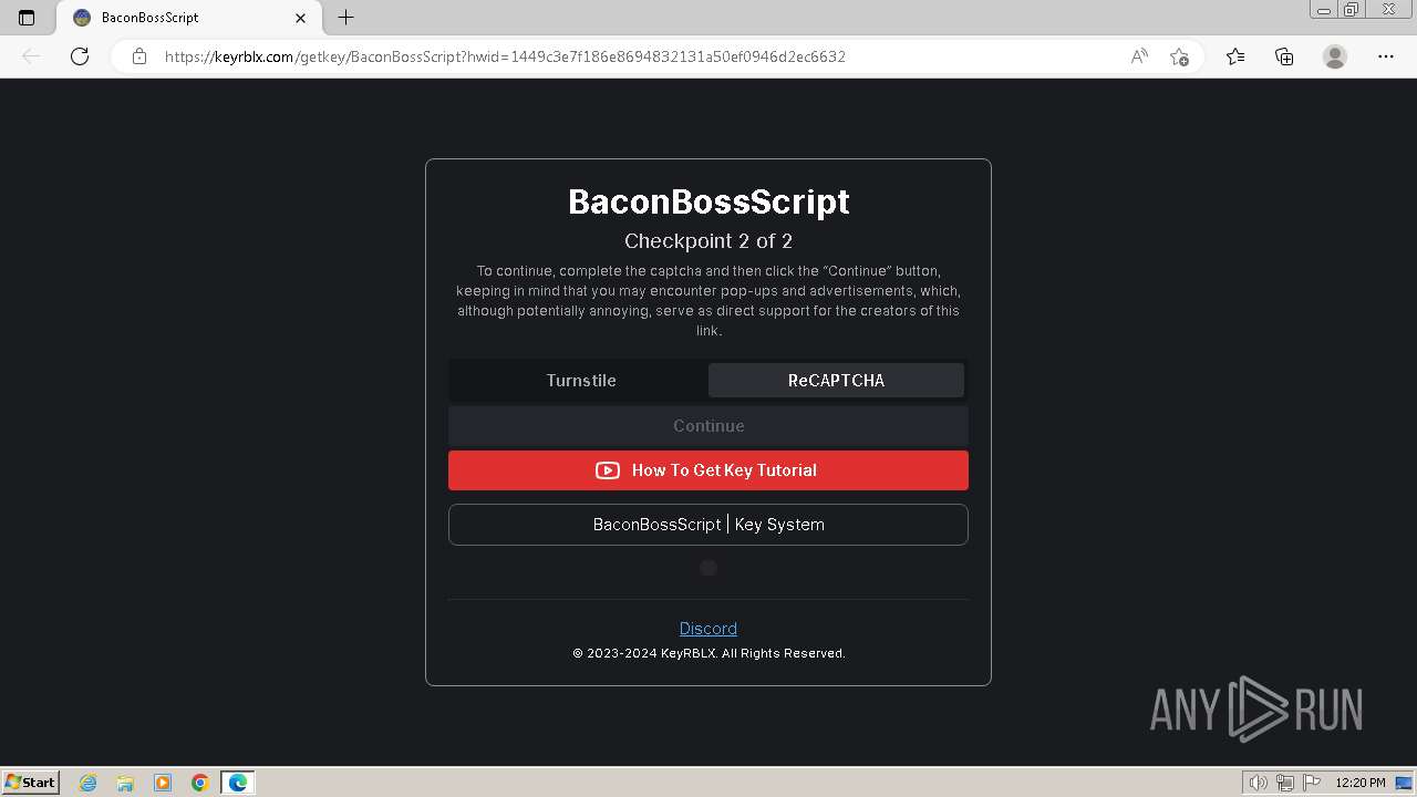 Malware analysis https://keyrblx.com/getkey/BaconBossScript?hwid ...