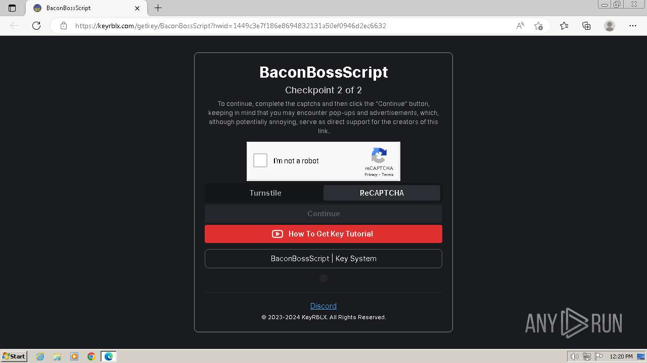 Malware analysis https://keyrblx.com/getkey/BaconBossScript?hwid ...