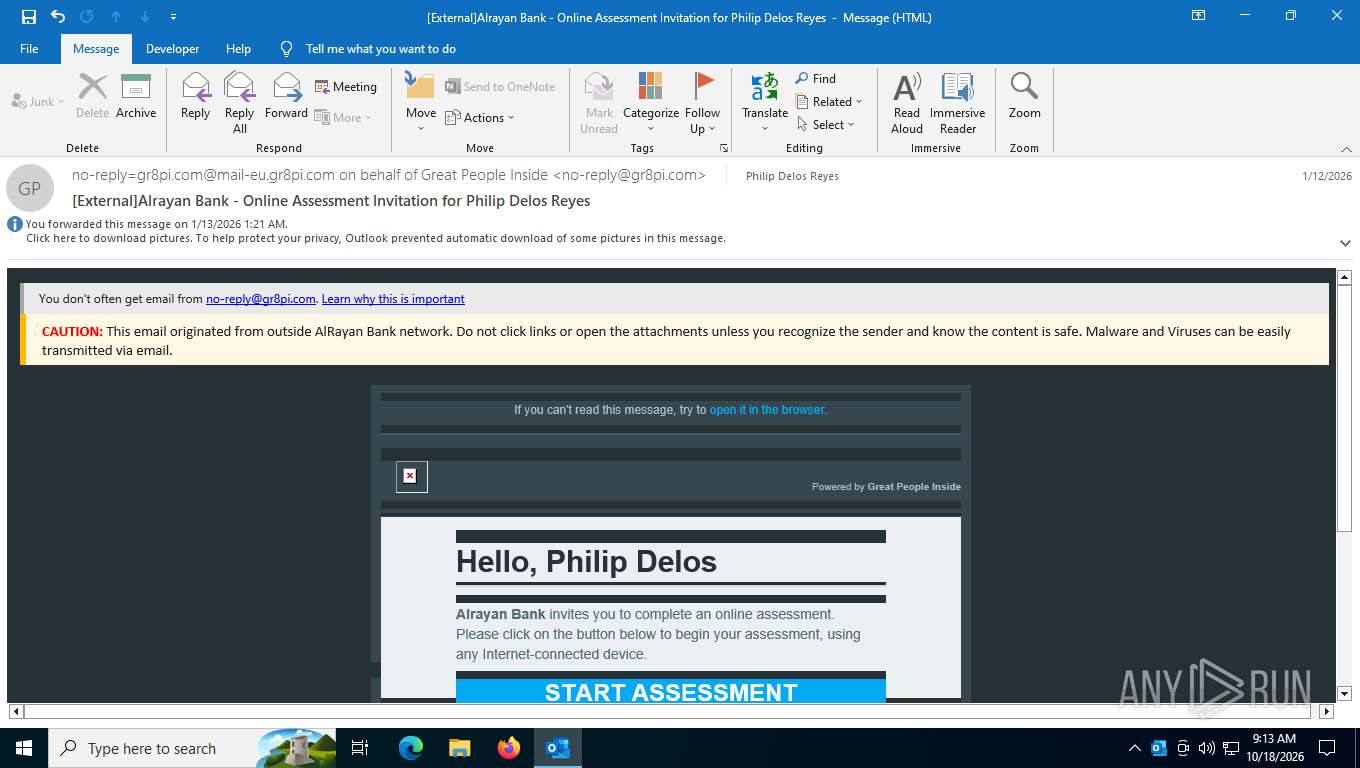 Malware analysis ExternalAlrayan Bank - Online Assessment Invitation ...