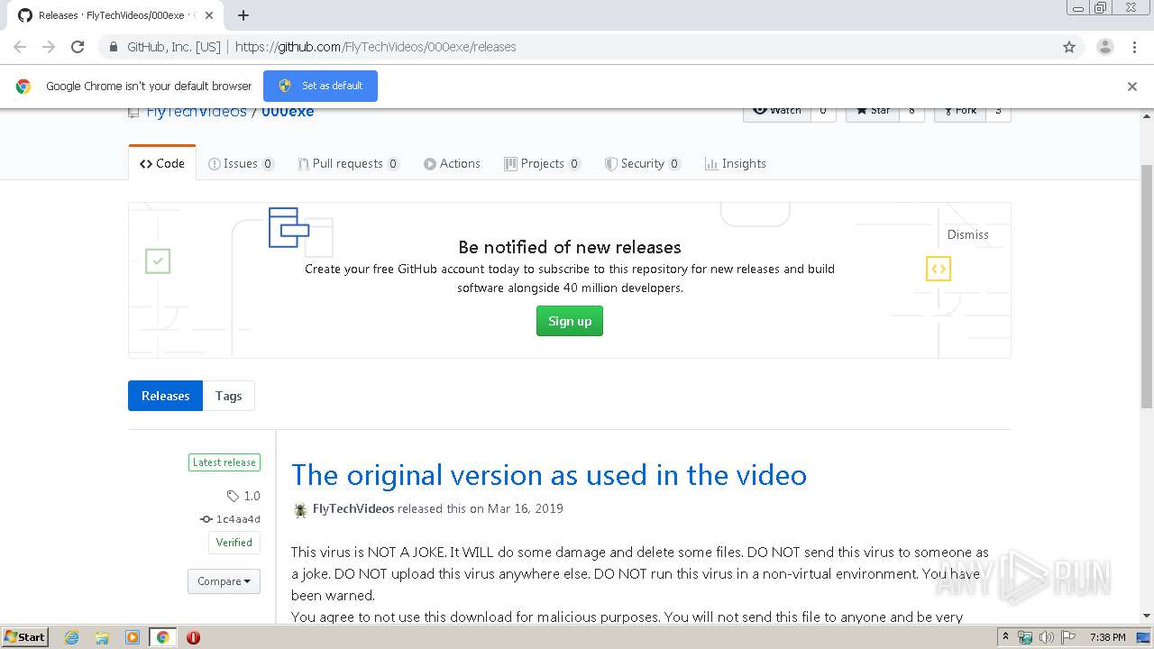 Malware analysis https://github.com/FlyTechVideos/000exe/releases Malicious activity | ANY.RUN ...