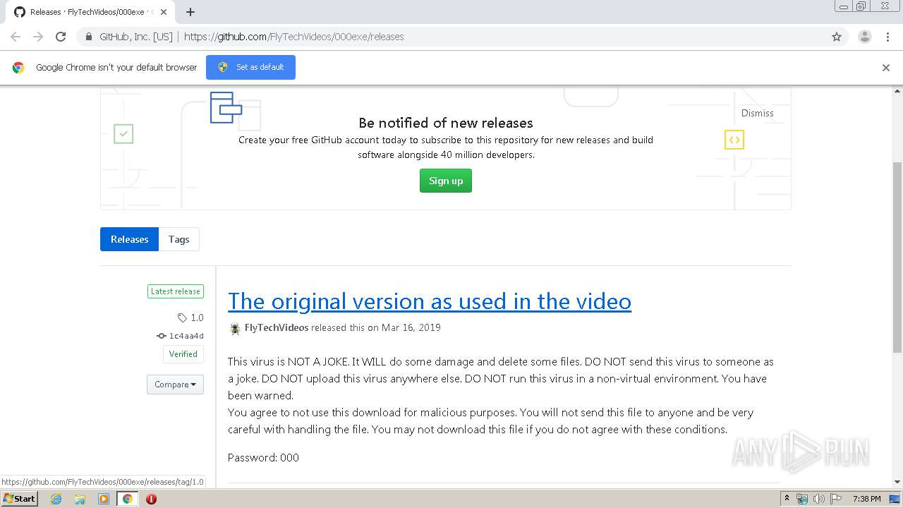 Malware analysis https://github.com/FlyTechVideos/000exe/releases Malicious activity | ANY.RUN ...