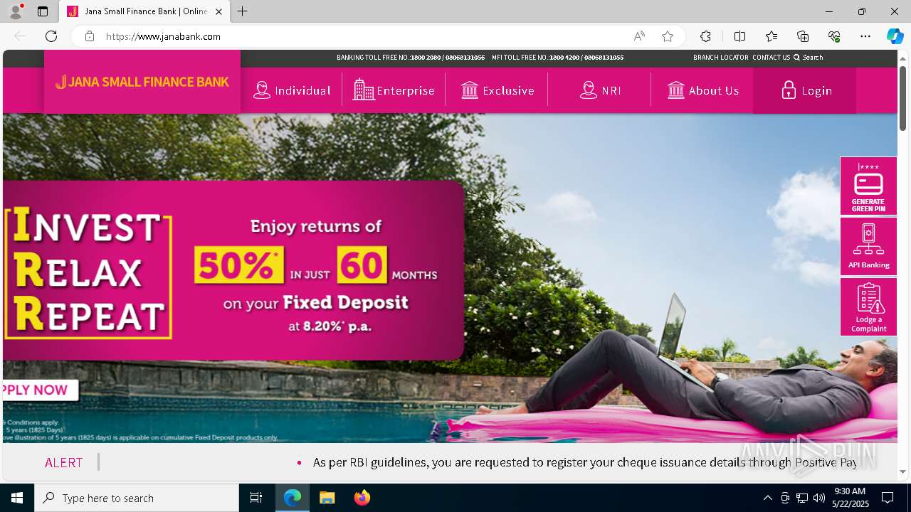 Analysis https://www.janabank.com/ No threats detected - Interactive analysis ANY.RUN