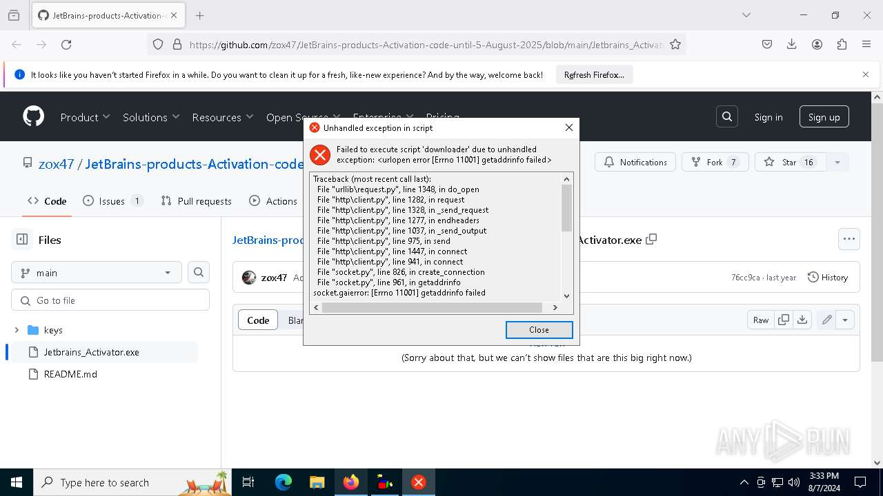 Malware analysis https://github.com/zox47/JetBrains-products-Activation-code-until-5-August-2025 ...