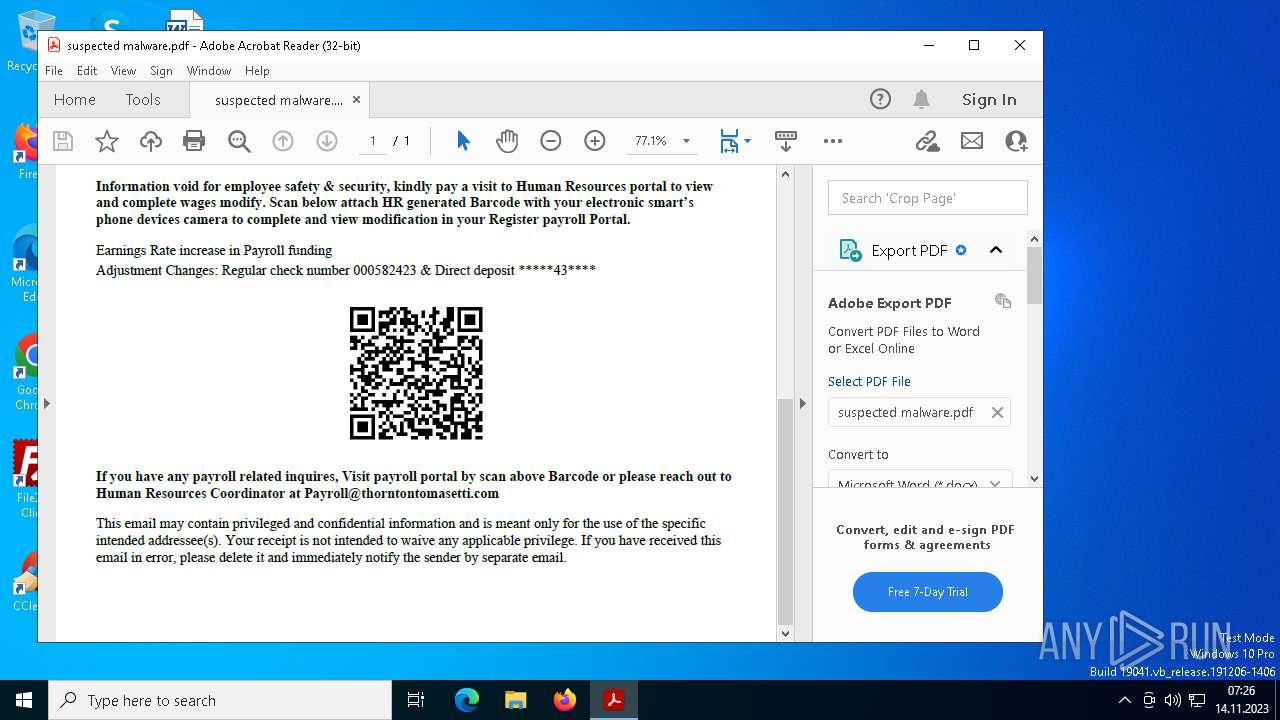 Analysis suspected malware.pdf (MD5: 827FE62761BBA59CC06C8A5C502737EC) No threats detected ...