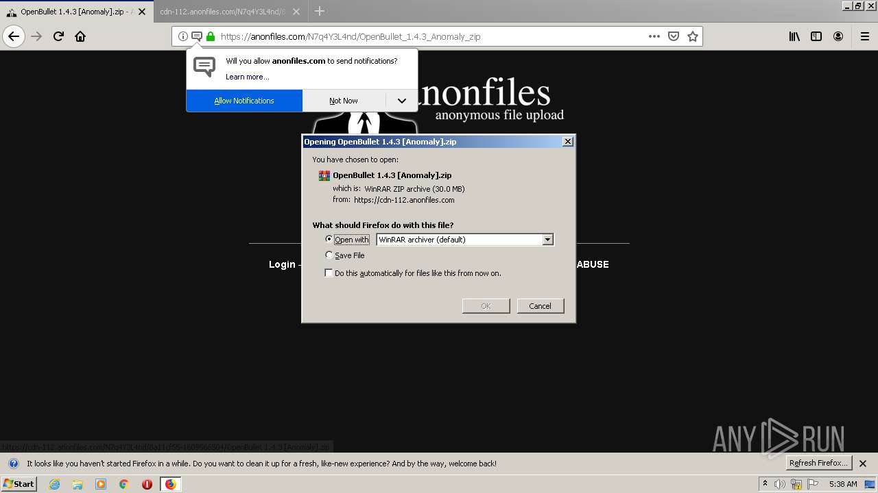 Malware analysis https://anonfiles.com/N7q4Y3L4nd/OpenBullet_1.4.3_Anomaly_zip Malicious ...