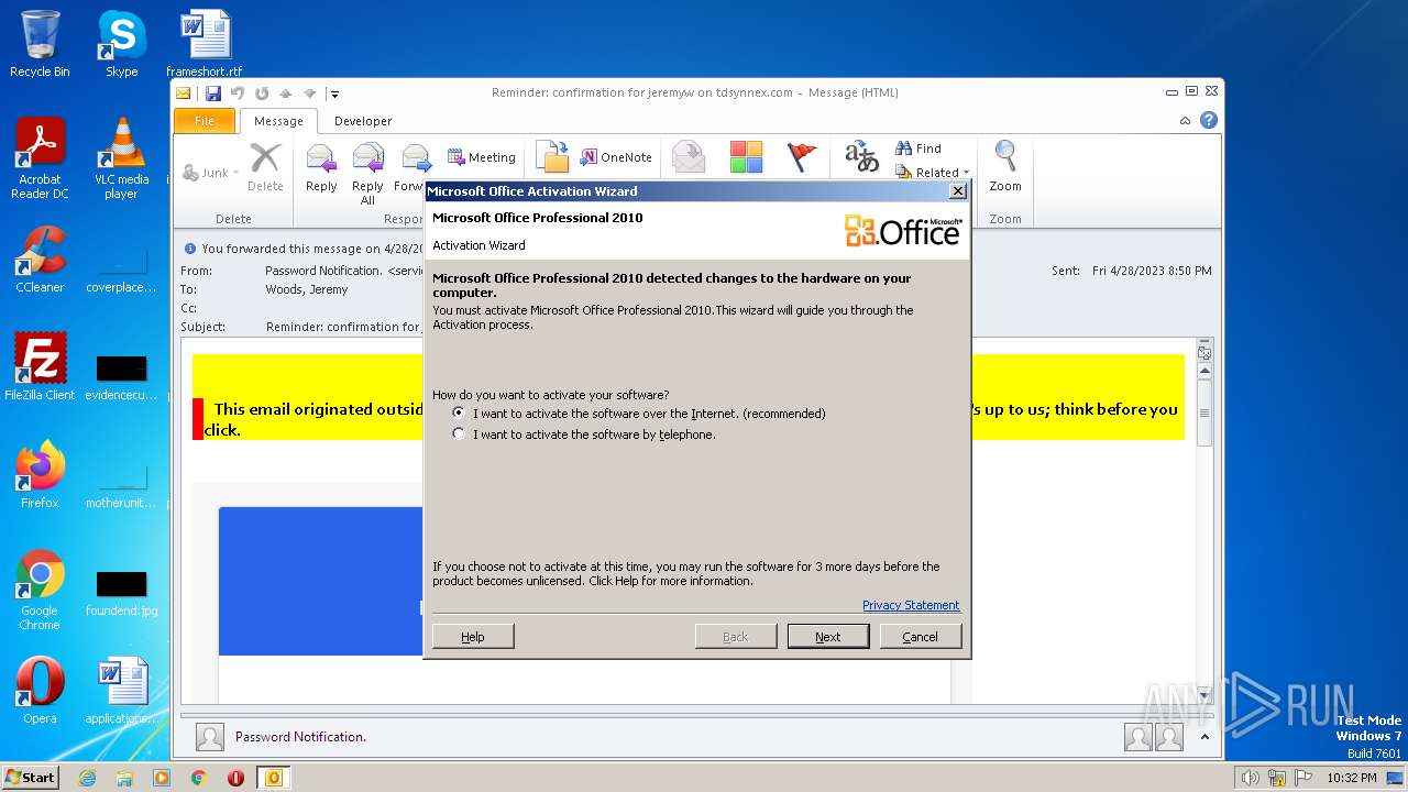 Malware Analysis Reminder Confirmation For Jeremyw On Msg