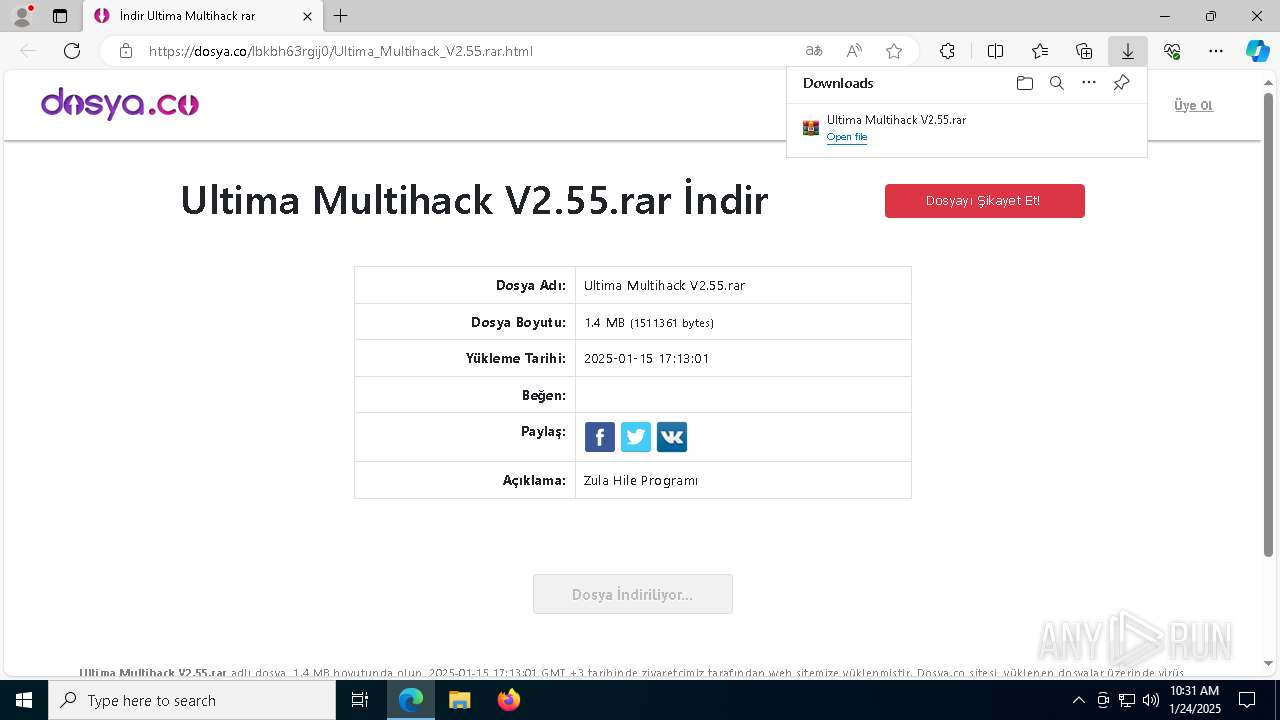 Analysis https://dosya.co/lbkbh63rgij0/Ultima_Multihack_V2.55.rar.html Malicious activity ...