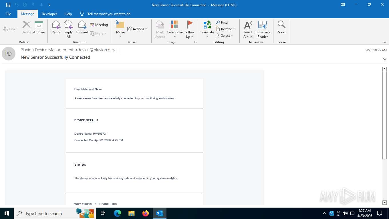 Malware analysis New Sensor Successfully Connected.msg No threats ...