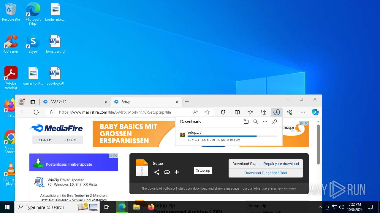 Analysis https://www.mediafire.com/folder/zt8p31c1p75bn/PASS_2410 Malicious activity ...