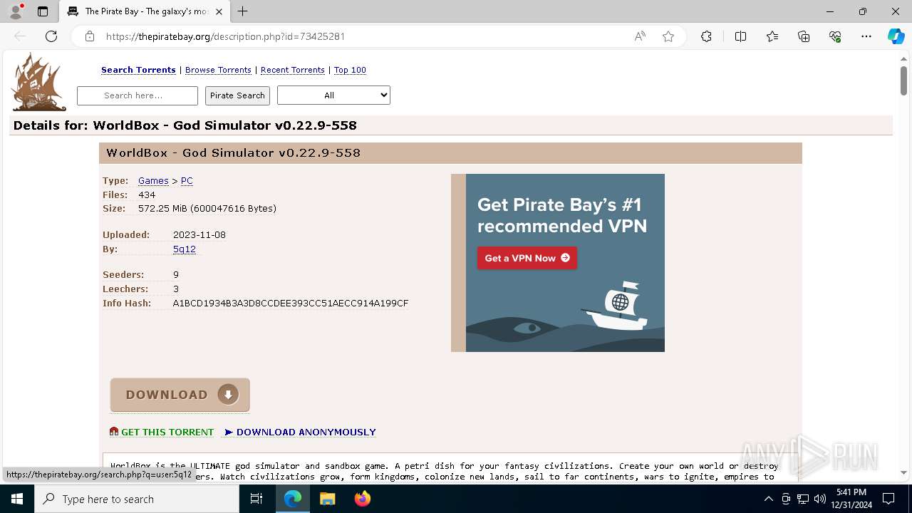 Malware analysis https://thepiratebay.org/description.php?id=73425281 Malicious activity | ANY ...