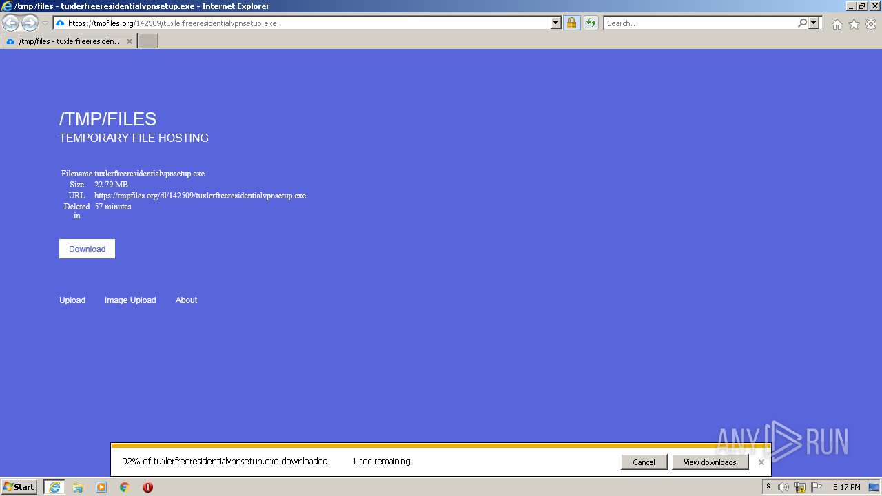 Malware analysis https://tmpfiles.org/142509/tuxlerfreeresidentialvpnsetup.exe Malicious ...