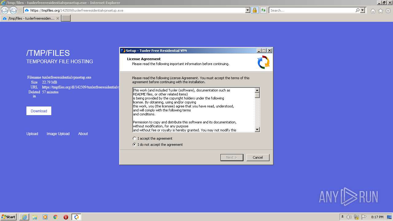 Malware analysis https://tmpfiles.org/142509/tuxlerfreeresidentialvpnsetup.exe Malicious ...