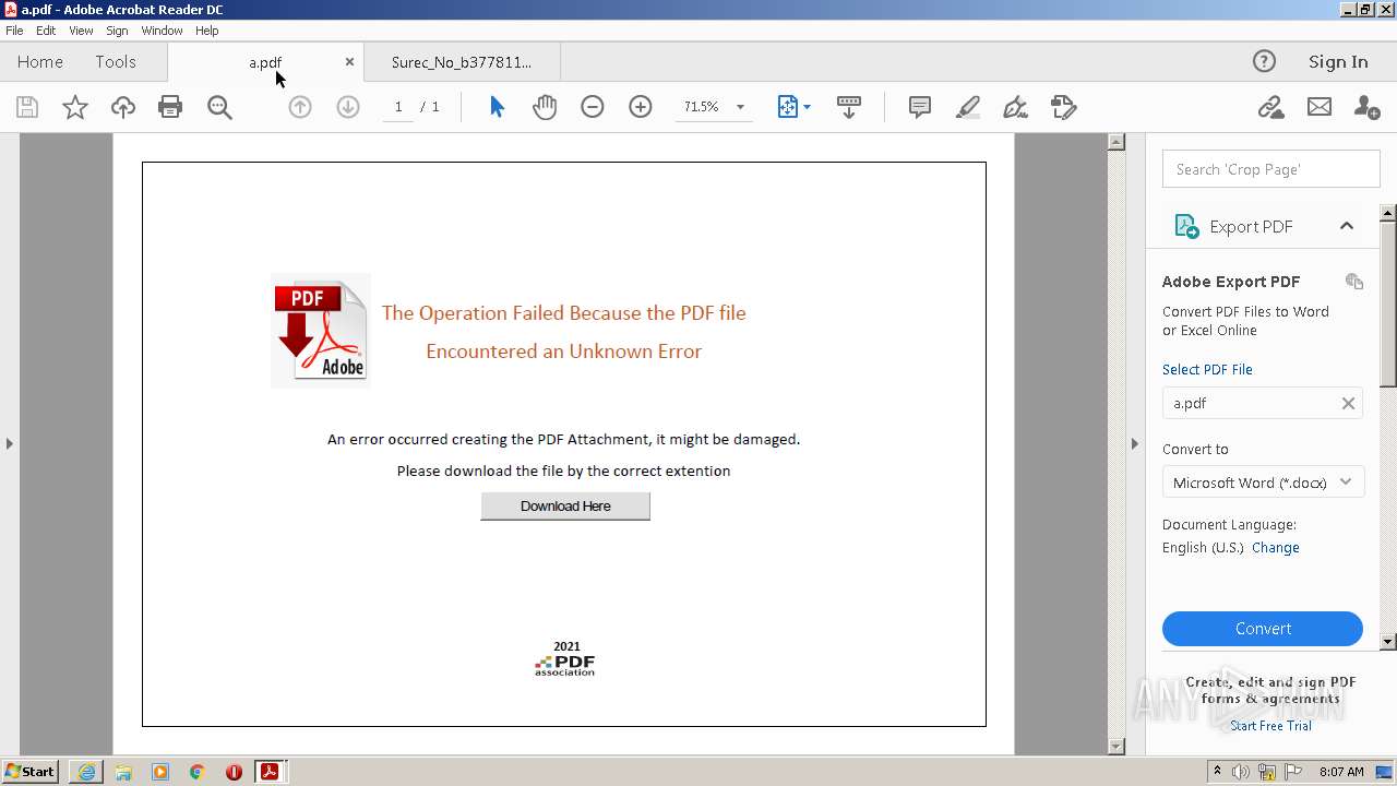 Analysis a.pdf (MD5: 43F4C17F0851FC882B6D9FB588D141F2) Suspicious ...