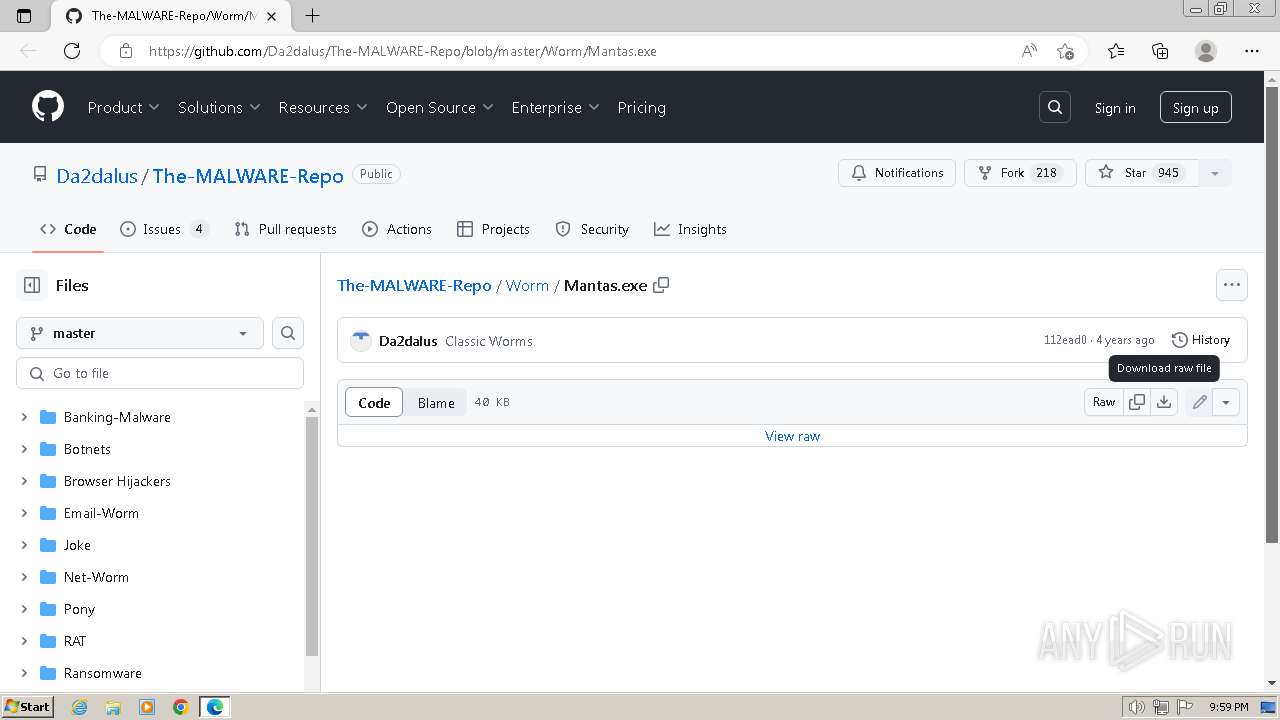 Malware analysis https://github.com/Da2dalus/The-MALWARE-Repo/blob/master/Worm/Mantas.exe ...
