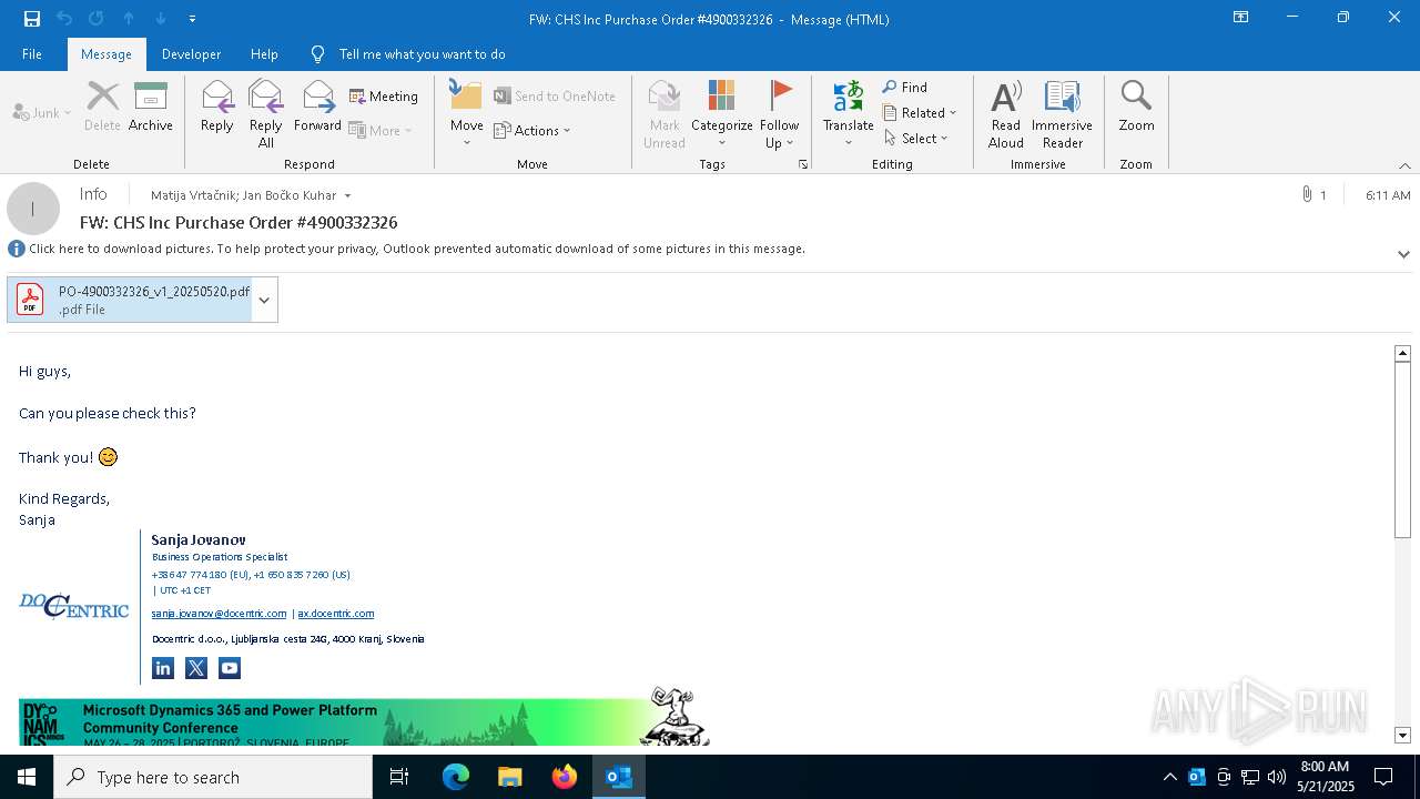 Malware analysis FW_ CHS Inc Purchase Order #4900332326.msg No threats detected | ANY.RUN ...