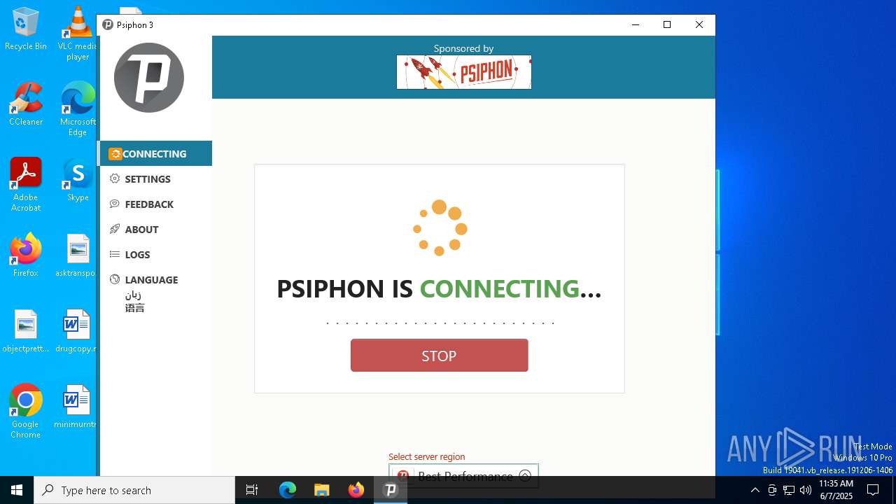 Malware analysis psiphon-186-20250524.exe Malicious activity | ANY.RUN - Malware Sandbox Online