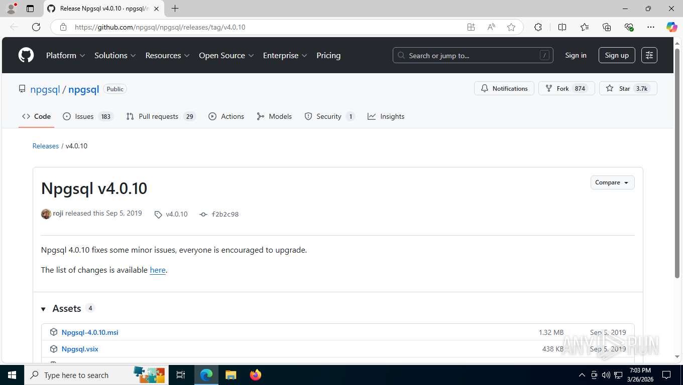 Malware analysis https://github.com/npgsql/npgsql/releases/tag/v4.0.10 ...