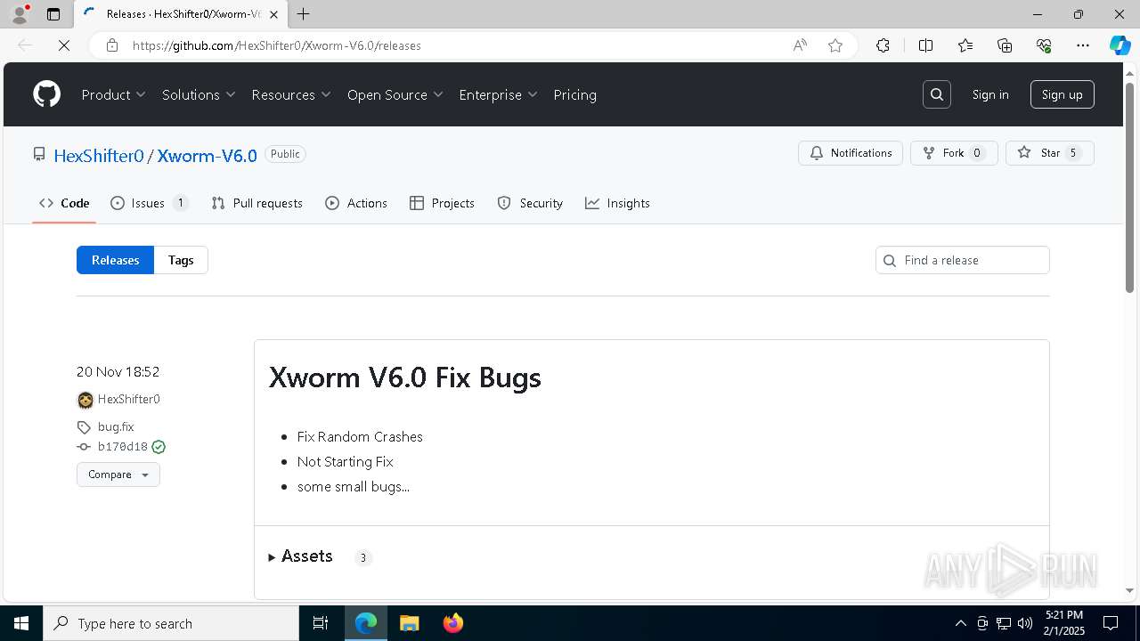 Malware analysis https://github.com/HexShifter0/Xworm-V6.0/releases Malicious activity | ANY.RUN ...