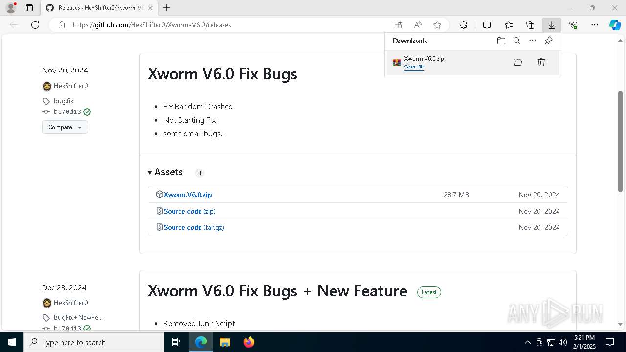 Malware analysis https://github.com/HexShifter0/Xworm-V6.0/releases ...