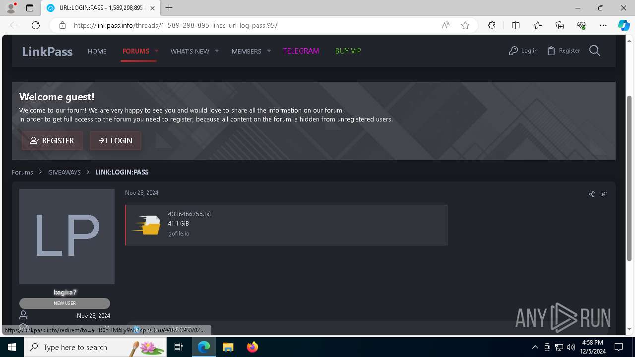 Analysis https://linkpass.info/threads/1-589-298-895-lines-url-log-pass.95/ Malicious activity ...